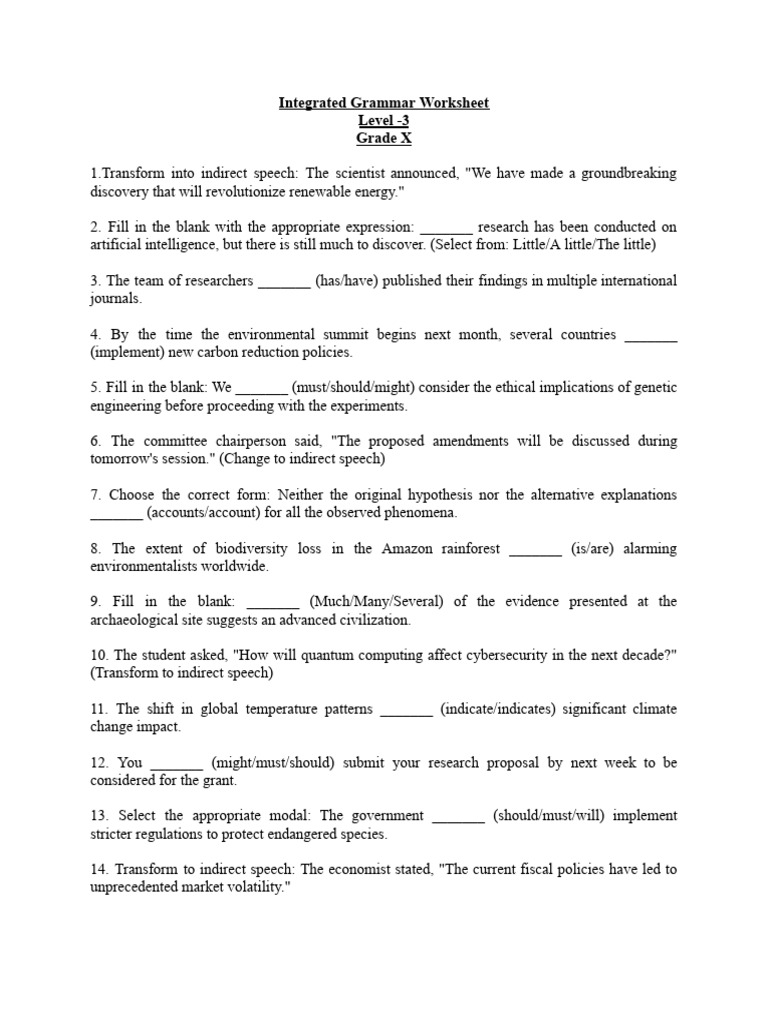 Class 10 Integrated Grammar Worksheet | PDF | Science