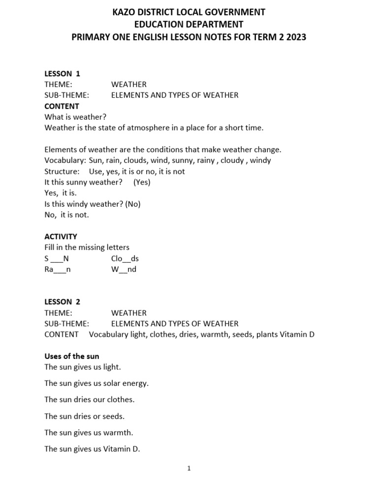 PRIMARY ONE ENGLISH LESSON NOTES FOR TERM 2 | PDF | Grammatical Number ...
