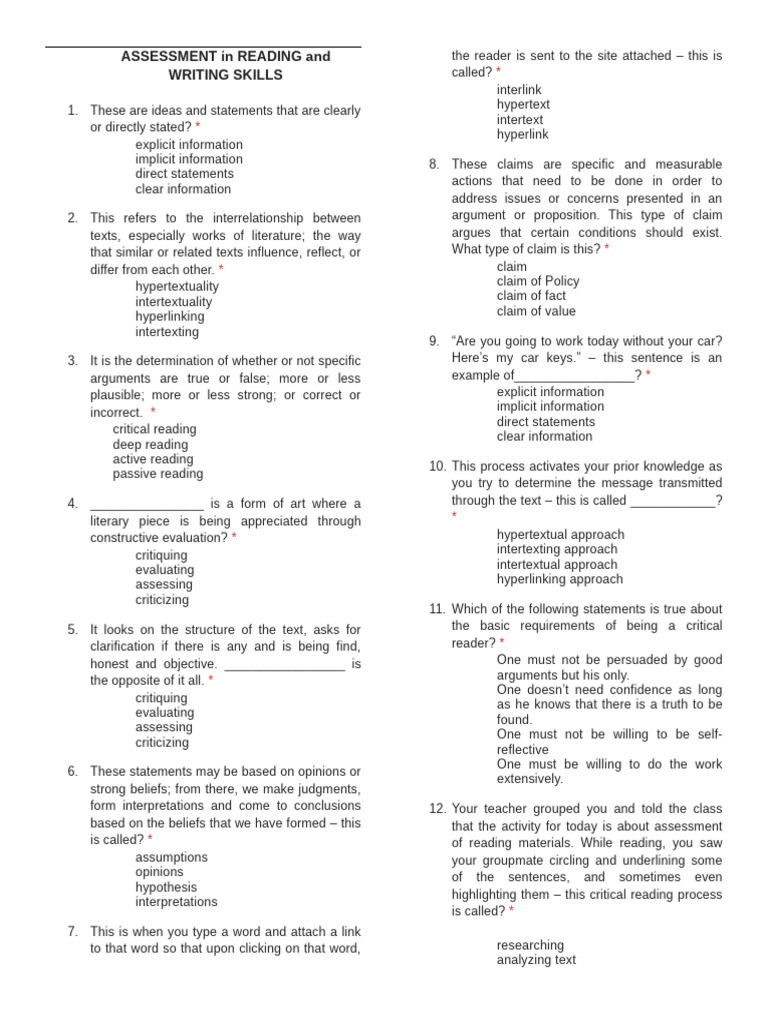4TH QUARTER ONLINE ASSESSMENT IN Reading and Writing | PDF ...