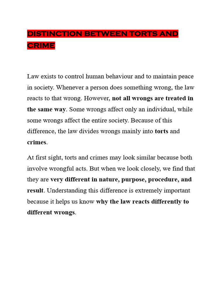 Distinction Between Torts and Crime | PDF | Tort | Criminal Law