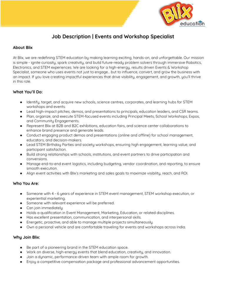 Job Description _ Events and Workshop Specialist | PDF | Marketing ...