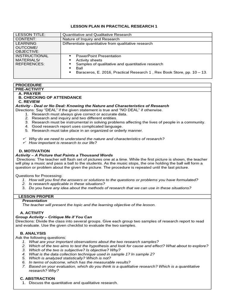 Lesson Plan in Practical Research 1 | PDF | Qualitative Research ...