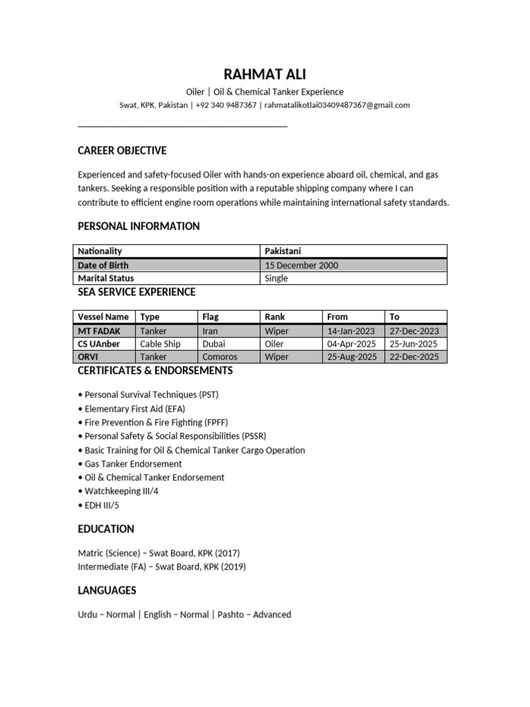 Rahmat Ali Professional Maritime CV | PDF