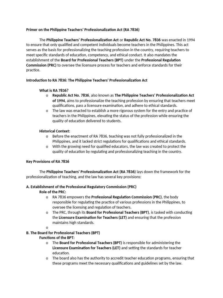 Unit 5 - Primer On The Philippine Teachers' Professionalization Act (RA ...