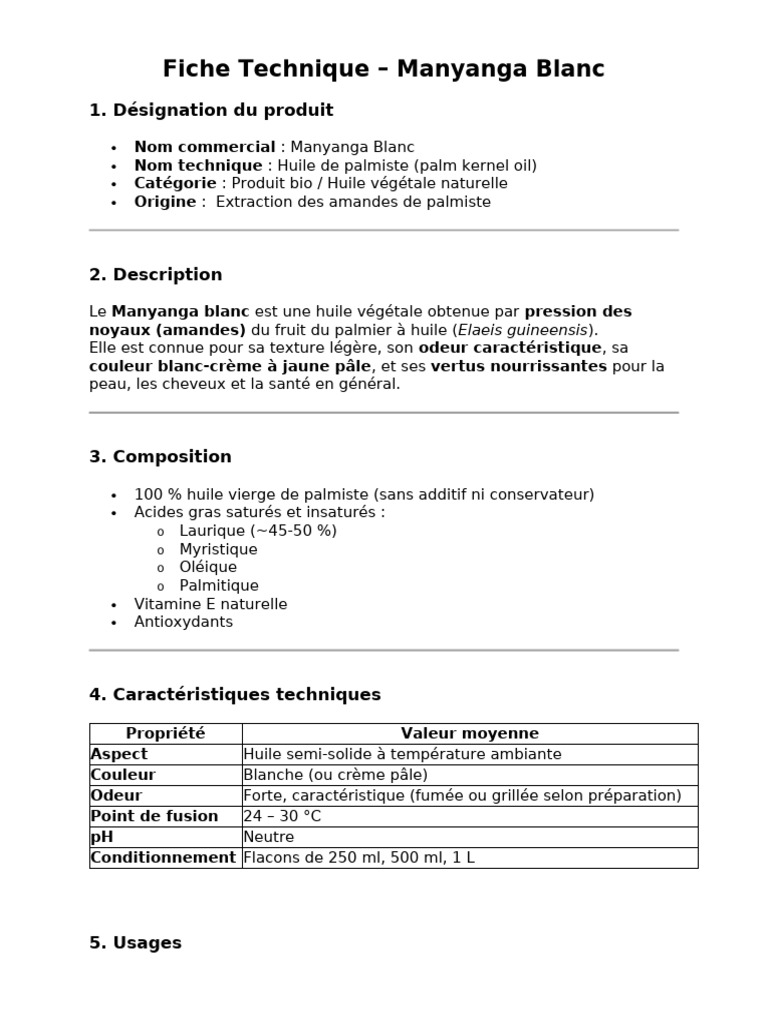 Fiche Technique - Manyanga Blanc (Huile de Palmiste) | PDF | Huile ...