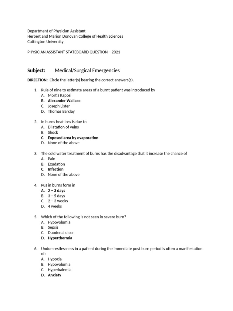 Medical and Surgical Emergencies SAMPLE Questions (1) (4) | PDF | Burn ...