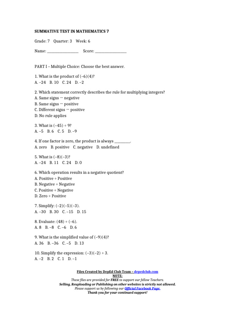 Summ - Test Mathematics 7 Q3 W6 | PDF | Multiplication | Numbers