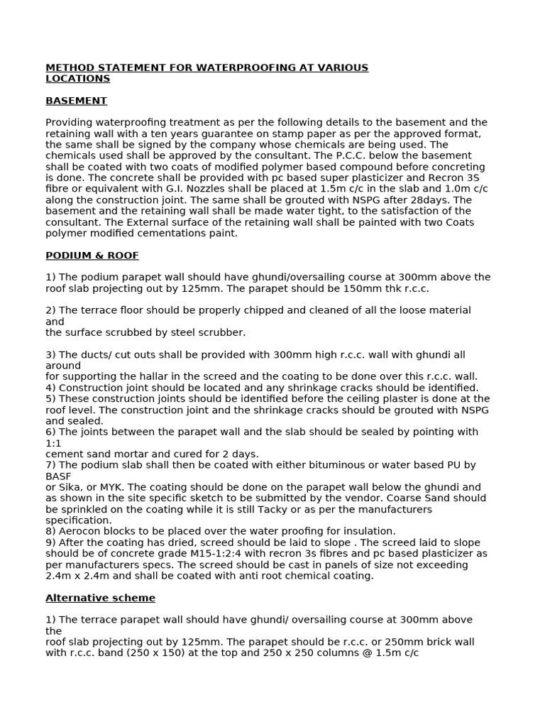 Annexure - 34 Method Statement For Waterproofing at Various | PDF ...