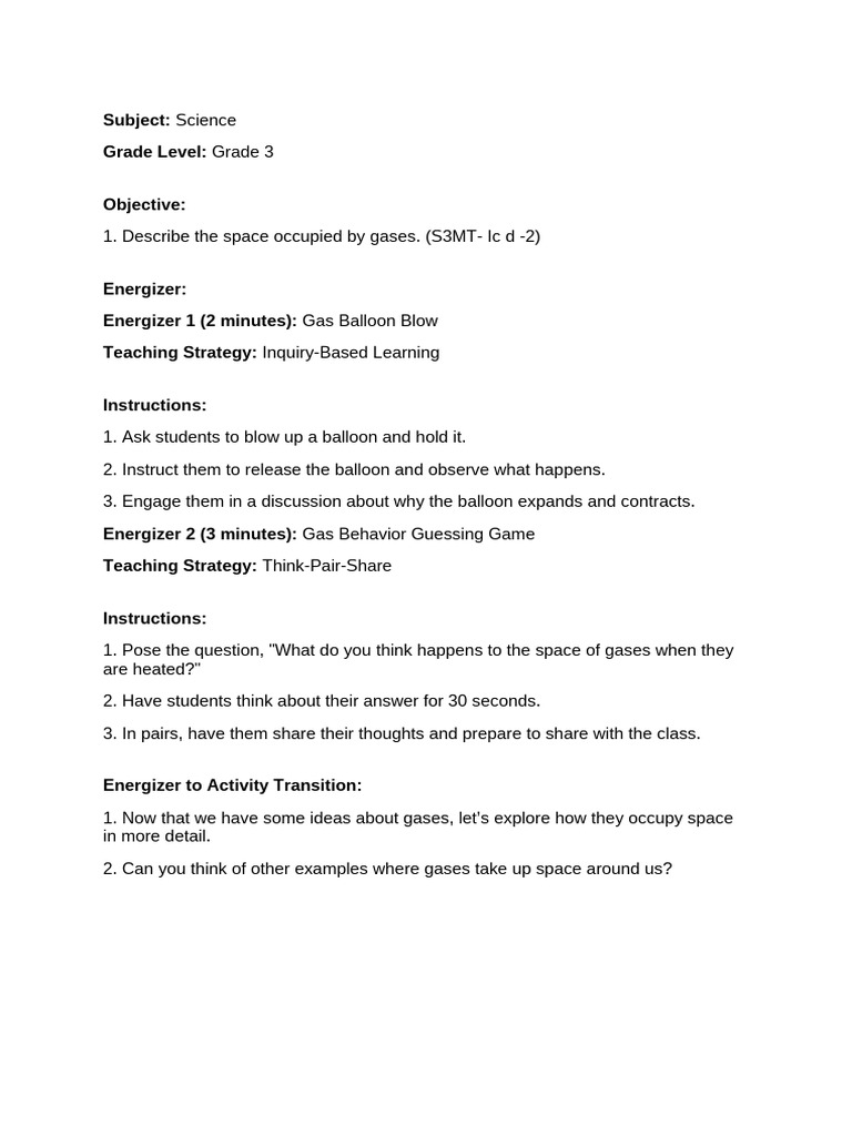 Lesson Plan Science (4) | PDF | Gases | Learning