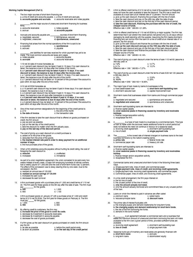 1. Working Capital Management Exercises Part 3 | PDF | Loans | Line Of ...