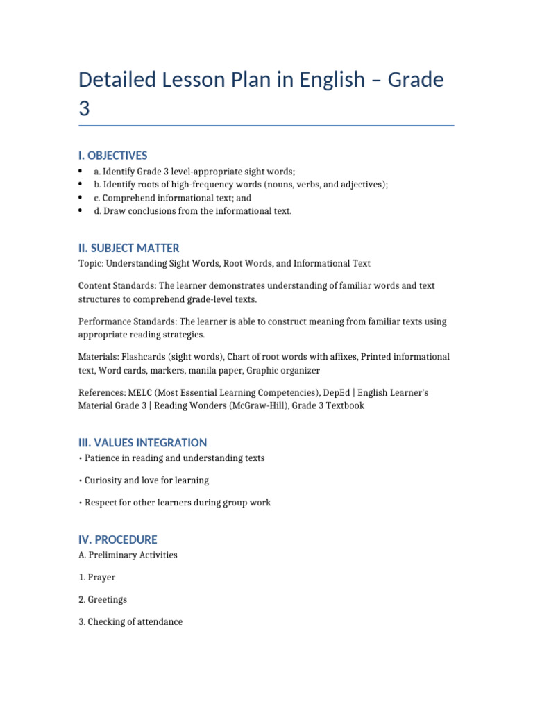 Grade 3 English Detailed Lesson Plan | PDF | English Language | Word