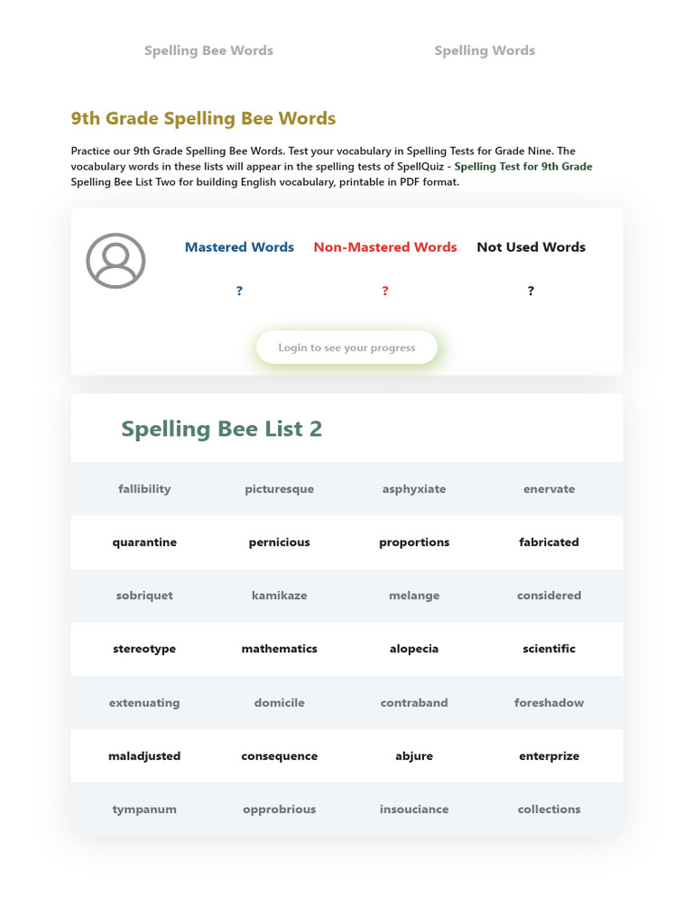 9th Grade Spelling Bee Words, _ Spelling Bee List 2 | PDF