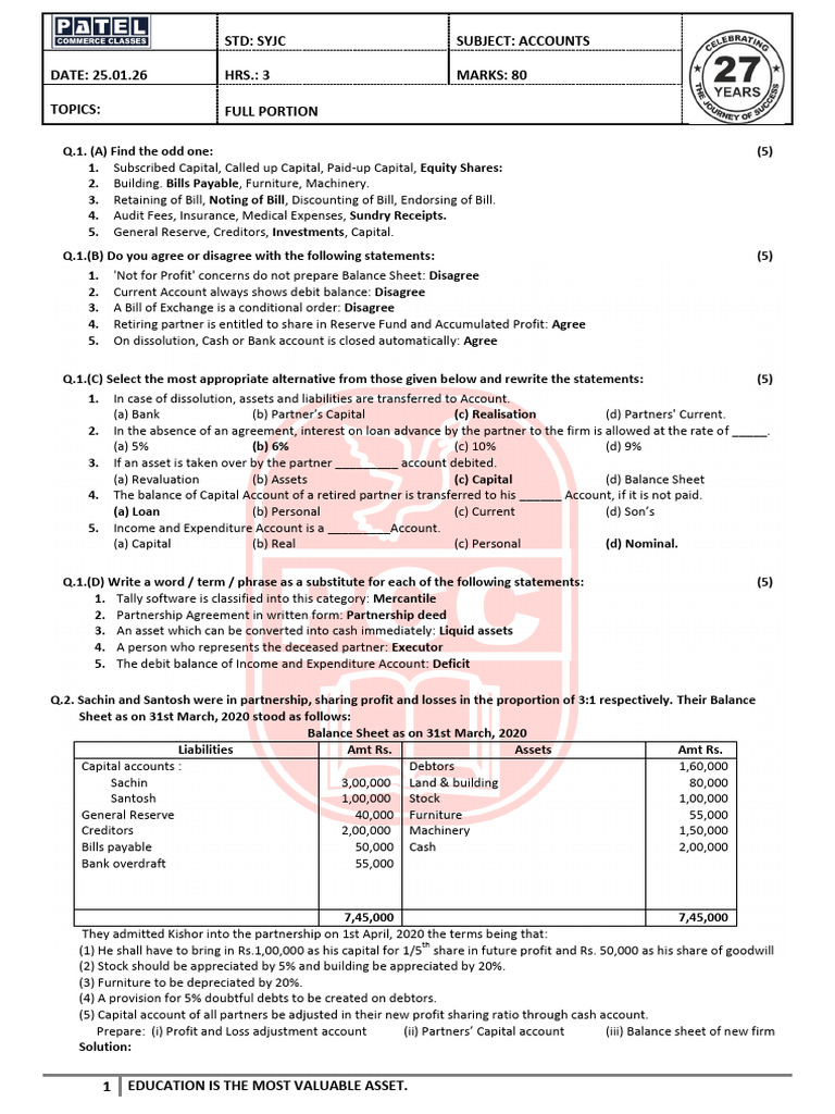 ACC SOL PAPER-1 | PDF | Expense | Debits And Credits