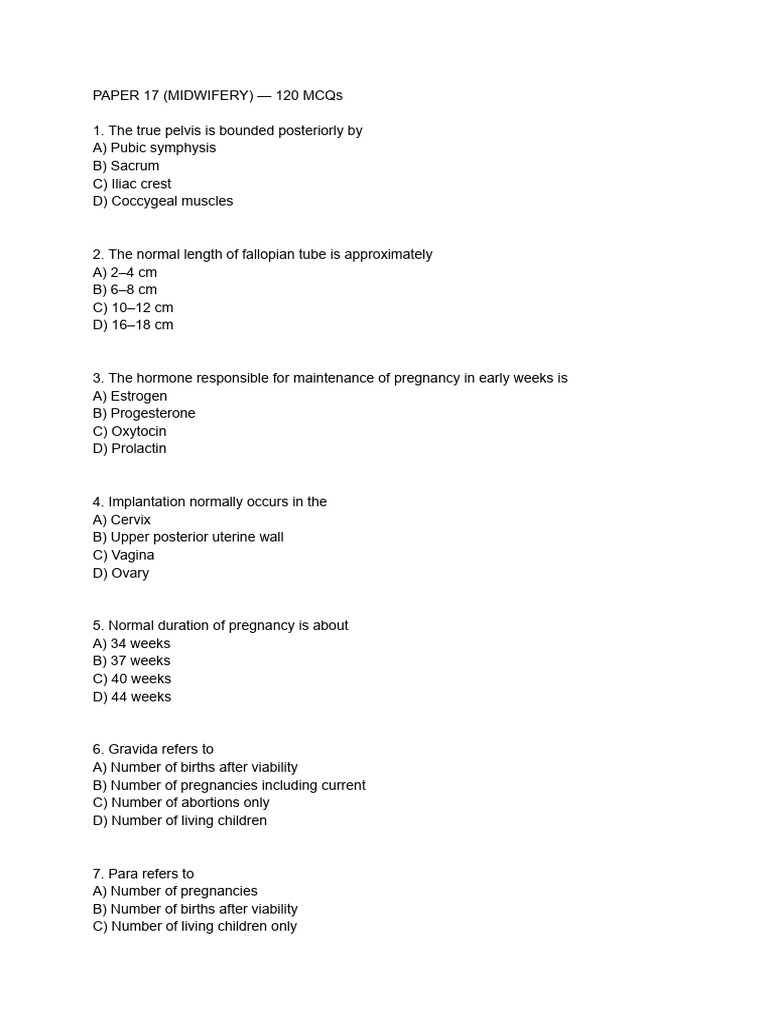 Paper 17 (Midwifery) - 120 Mcqs | PDF | Childbirth | Motherhood