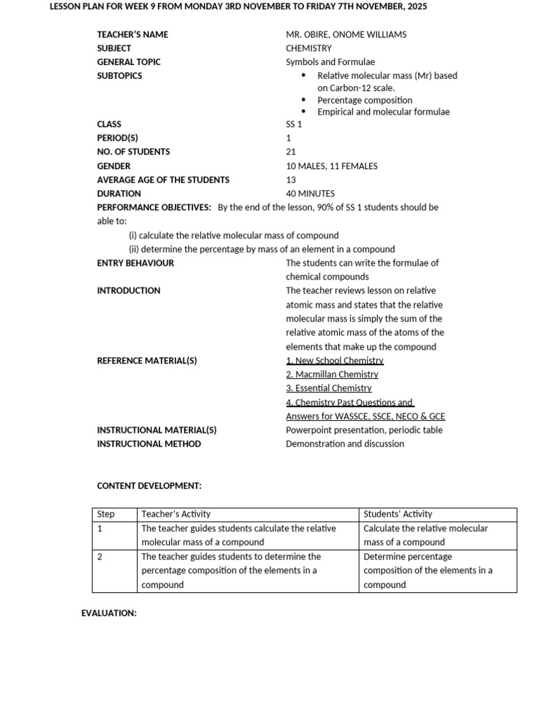 Ss 1 Chem Lesson Plan for Wk 9 | PDF | Molecules | Calcium