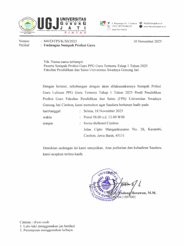 Undangan Kegiatan Luring Sumpah Profesi Guru Bagi Lulusan PPG GT | PDF