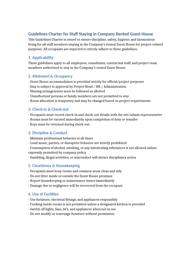 Guest House Guidelines Charter Project Team | PDF | Housekeeping