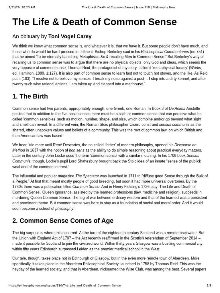 The Life & Death of Common Sense _ Issue 110 _ Philosophy Now | PDF ...