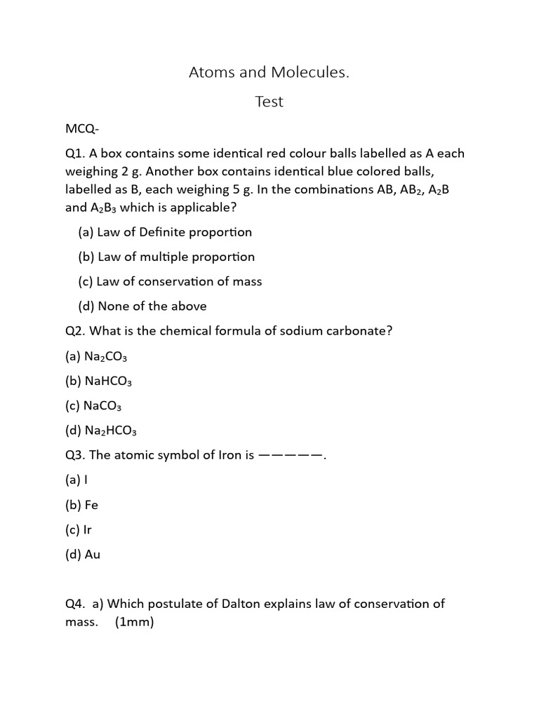 Atoms and Molecules Test | PDF