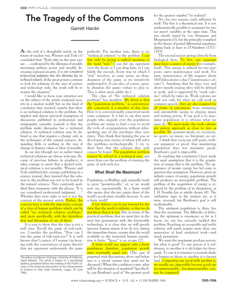 Hardin, The Tragedy of the Commons (1) | PDF | Conscience