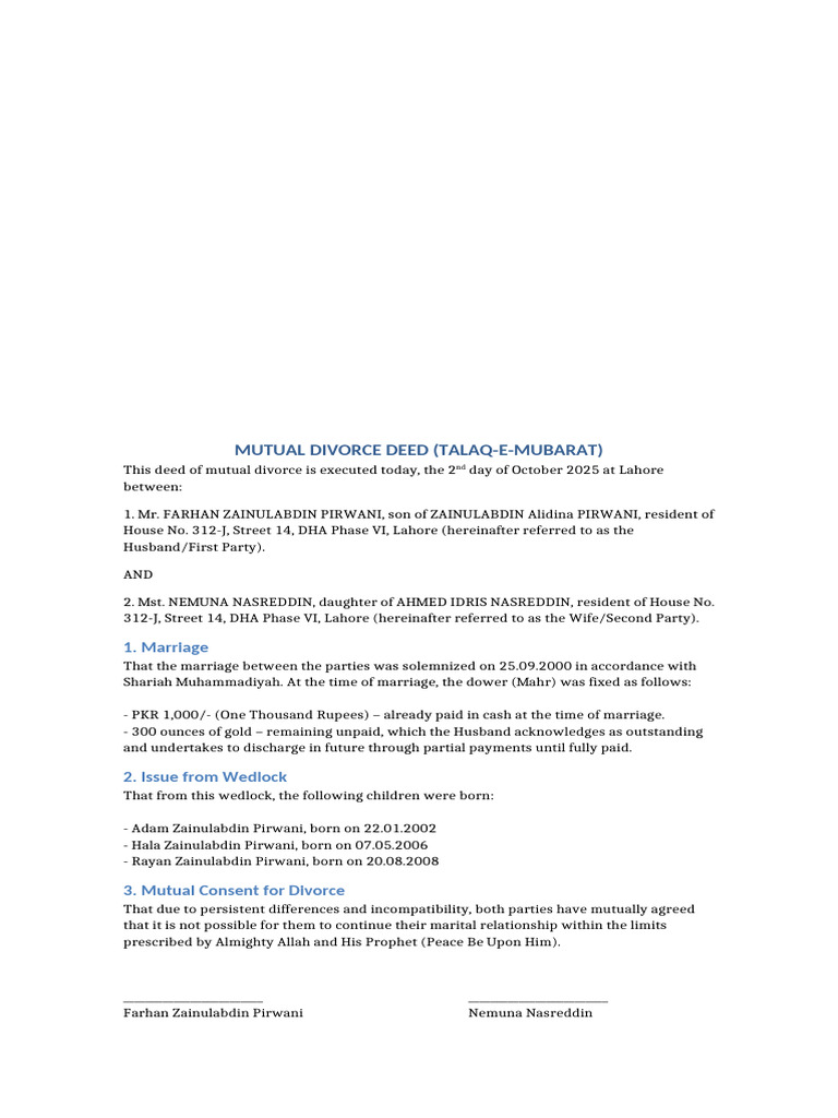 Mutual Divorce Deed | PDF | Marriage | Divorce
