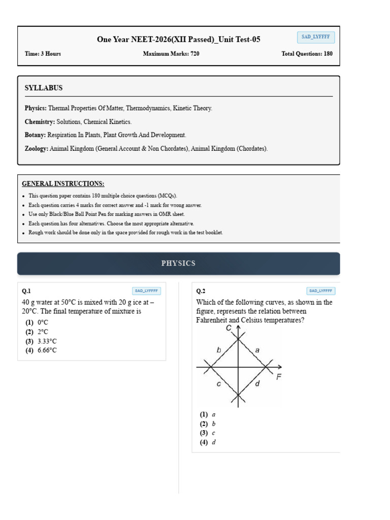 _One Year NEET-2026(XII Passed)_Unit Test-05 (1) | PDF | Gases ...