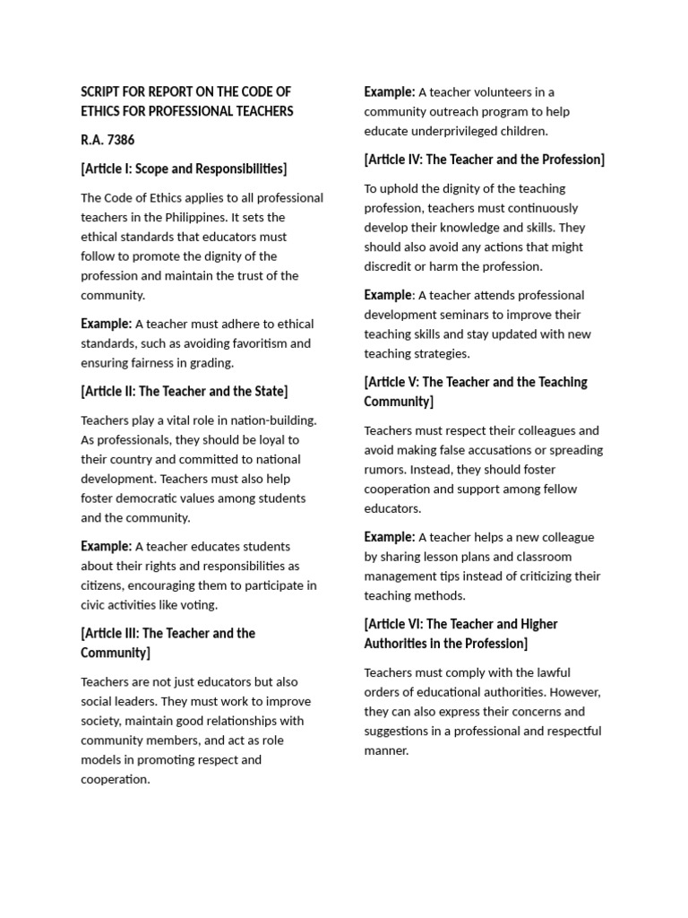 Script For Report On The Code of Ethics For Professional Teachers | PDF ...
