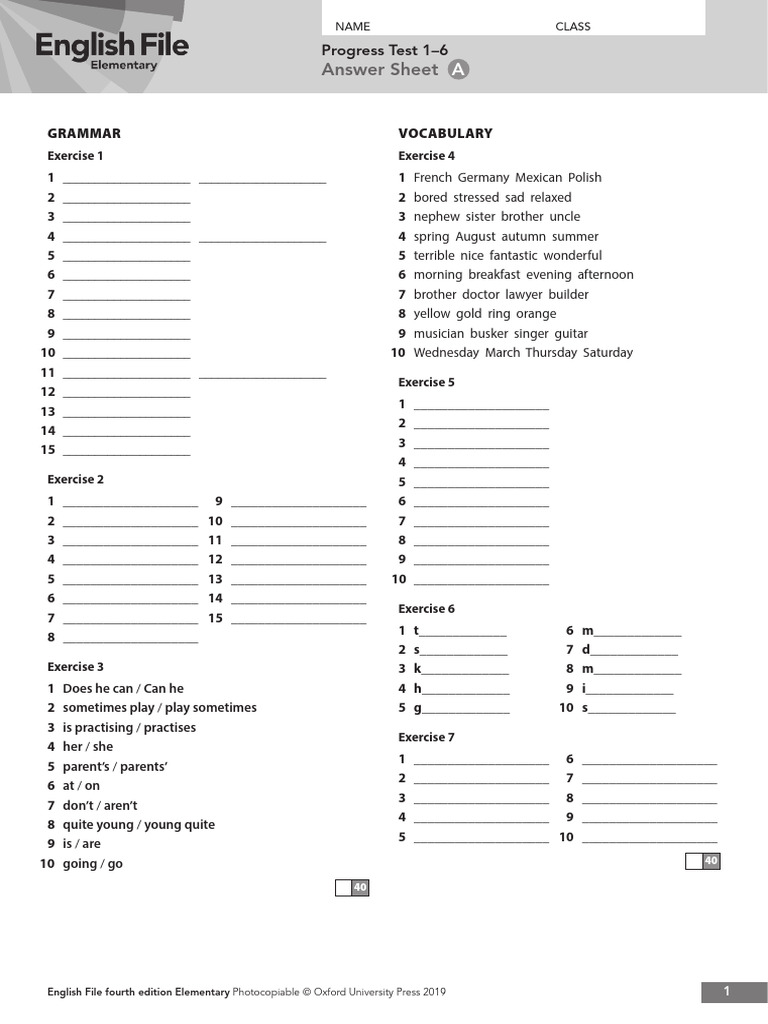 EF4e Progress Test 1-6 a Answer Sheet | PDF | Linguistics