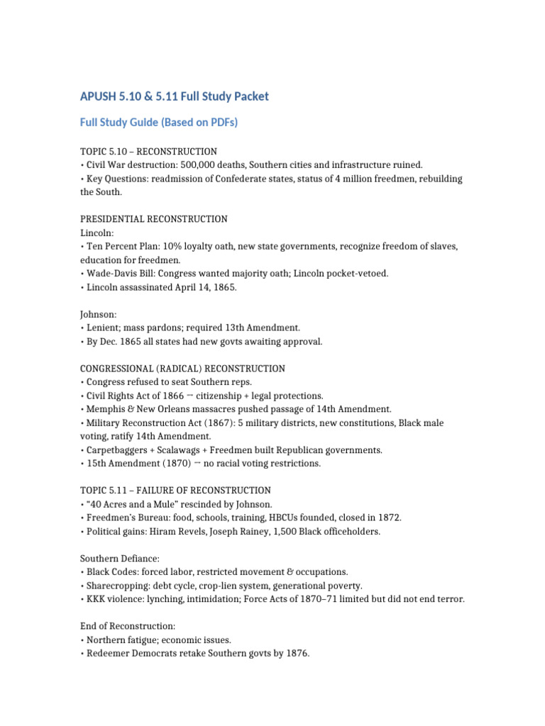 APUSH Reconstruction Full Study Packet | PDF | Reconstruction Era ...