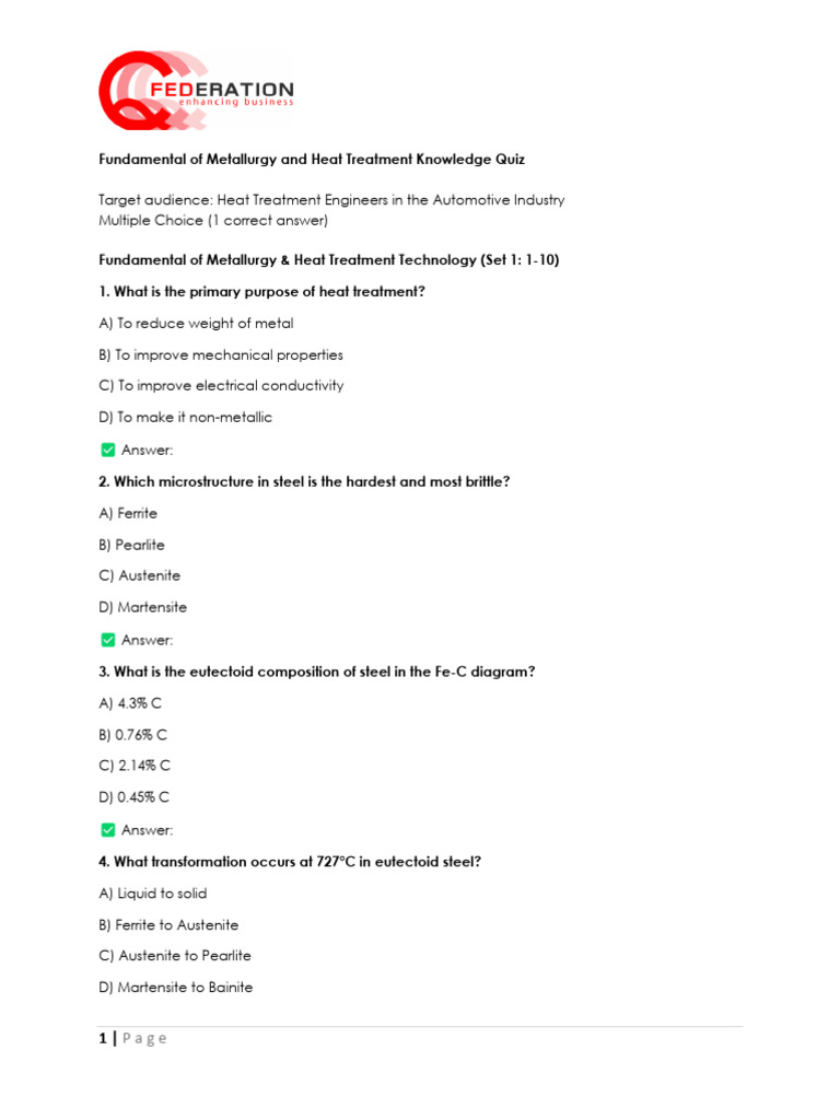 Fundamentals of Metallurgy - Quiz | PDF | Heat Treating | Steel