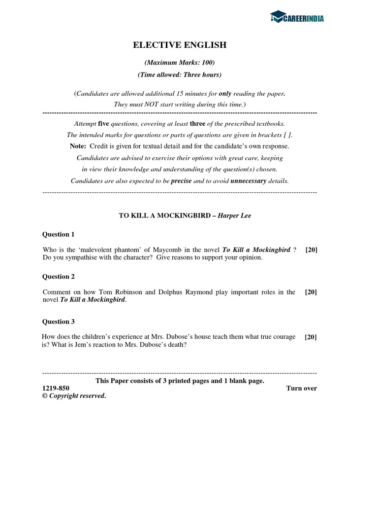 ISC Class 12 Elective English Question Paper - 2019 | PDF | To Kill A ...