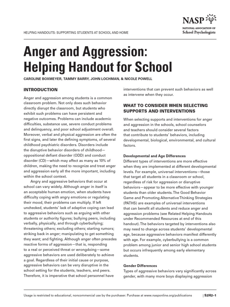 Anger and Aggression at School Handout | PDF | Aggression | Anger