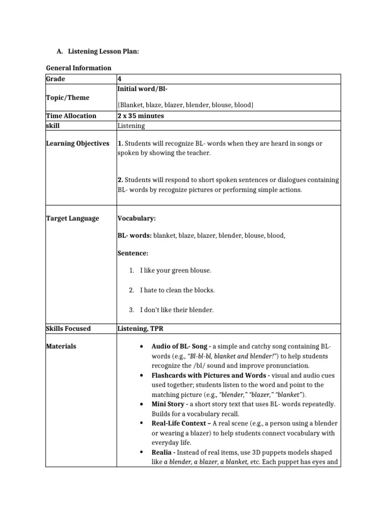 Listening Lesson Plan | PDF | Vocabulary | Linguistics