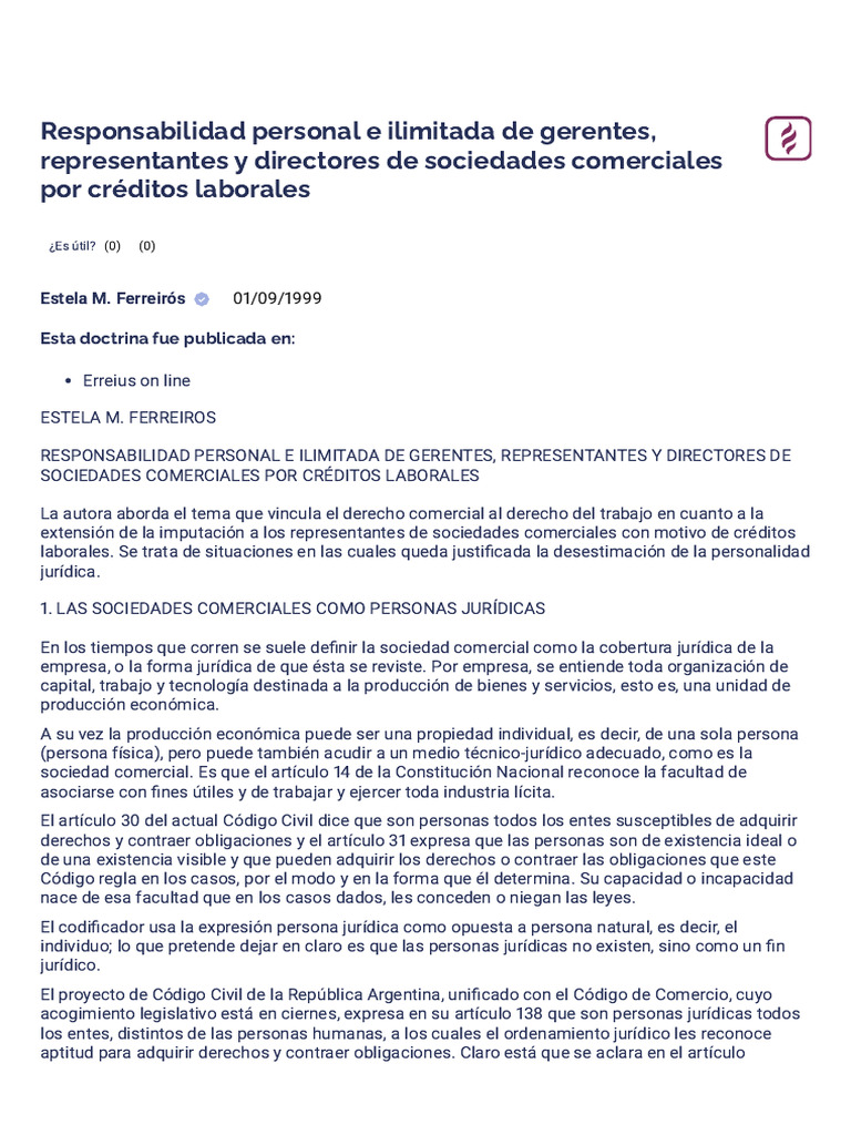 Responsabilidad personal e ilimitada de gerentes, representantes y ...
