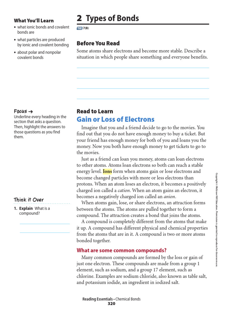 Reading Esstentials Sheet Types of Bonds Reading | PDF | Ion | Chemical ...
