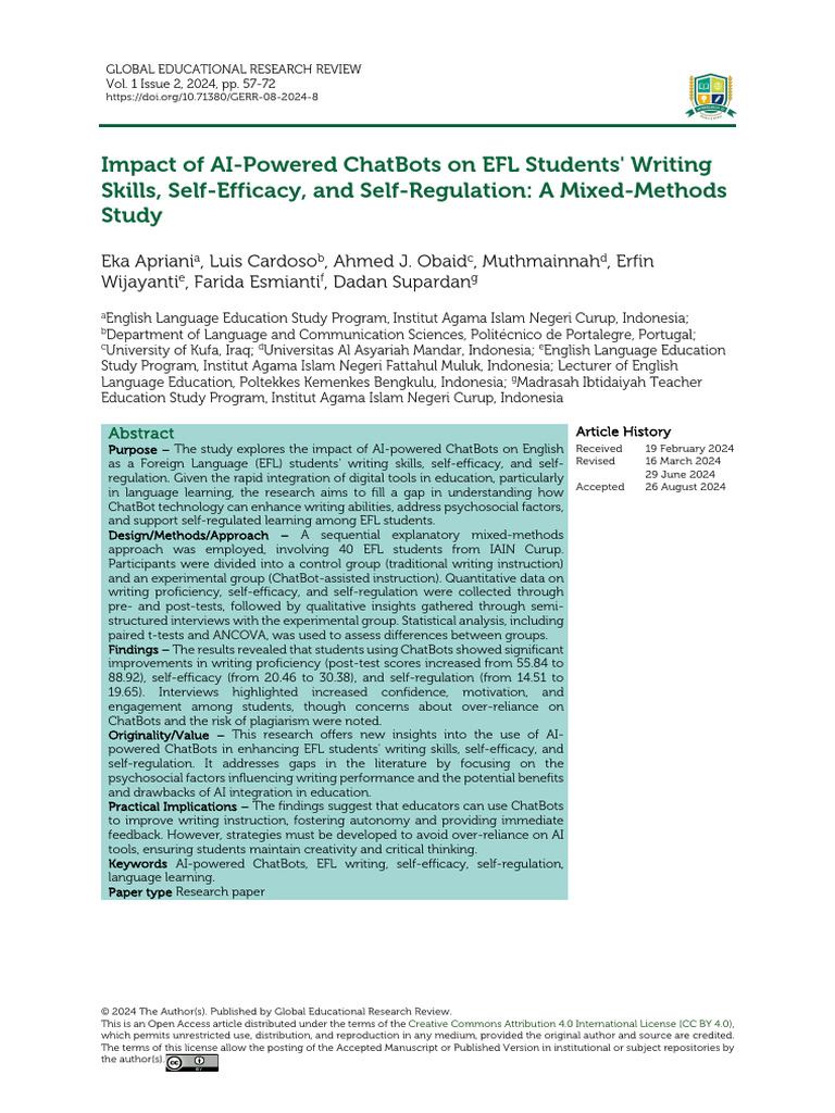 Impact of AI-Powered ChatBots on EFL Students' Writing Skills, Self ...