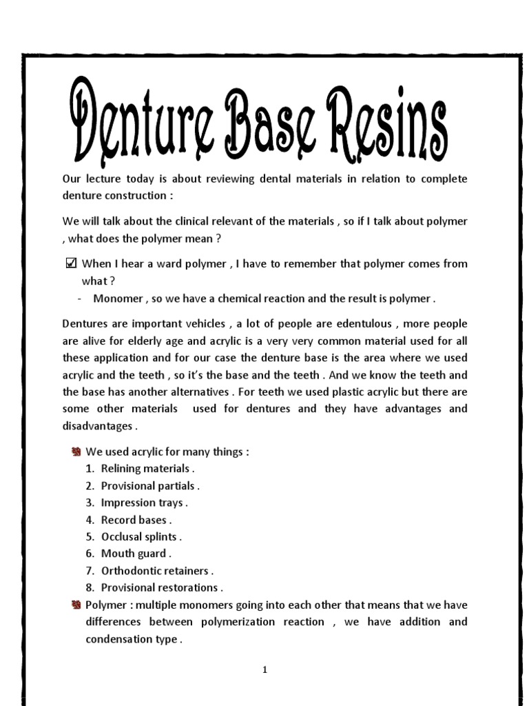 Denture Base Resins | PDF | Polymerization | Polymers
