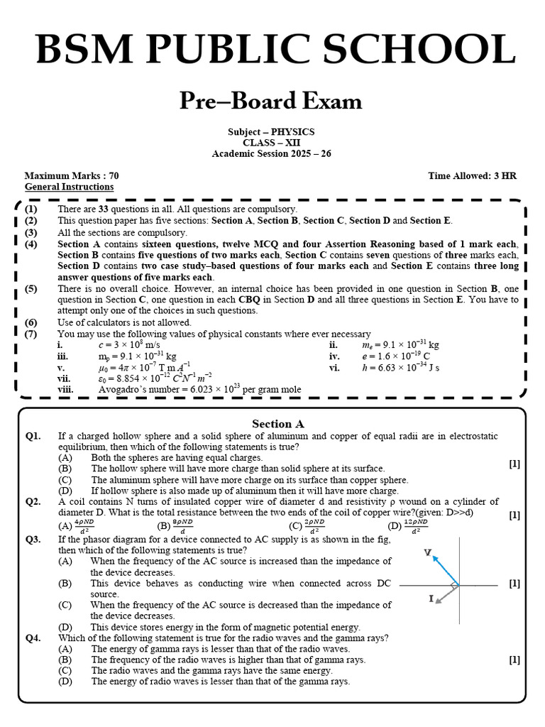 Class XII Physics CBSE Sample Paper (2025-26) For School | PDF ...