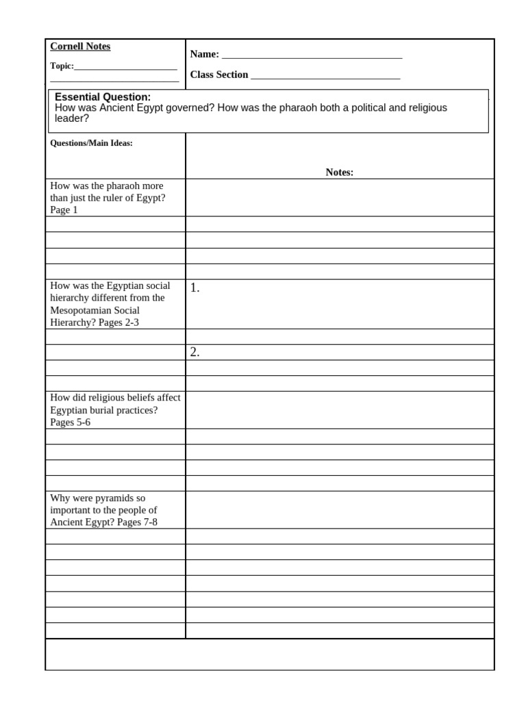 Cornell Notes - Egypt Guided Notes | PDF