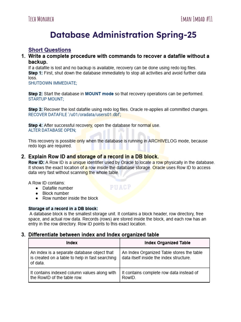 Database Administration 2025 PU Past Paper | PDF | Database Index ...