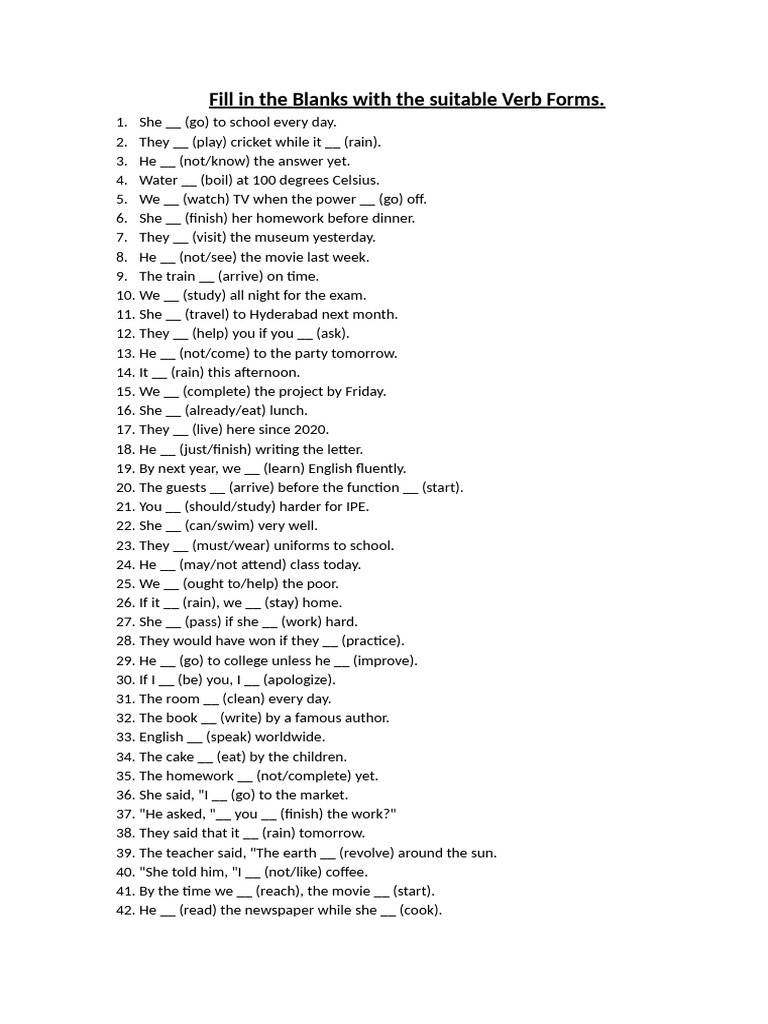 Fill in the Blanks With the Suitable Verb Forms - Practice Sheet | PDF