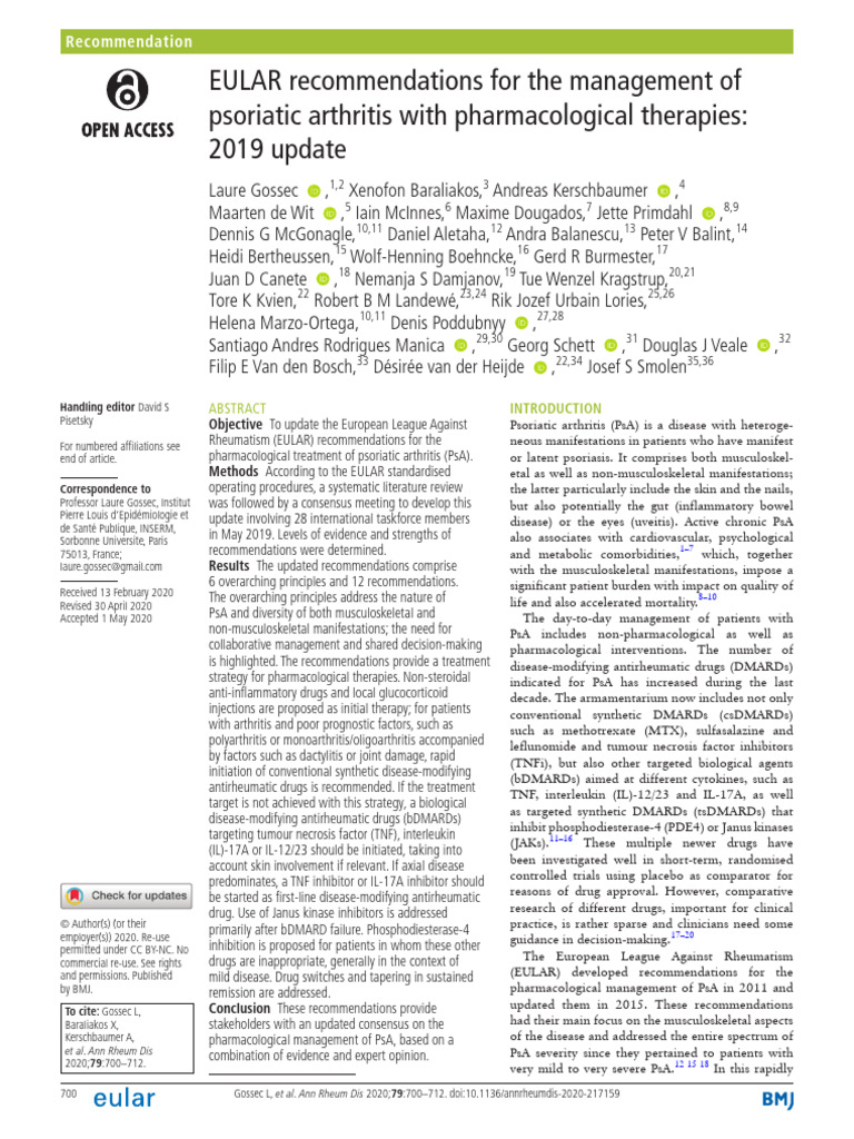 EULAR Recommendations For The Management of Psoriatic Arthritis With ...