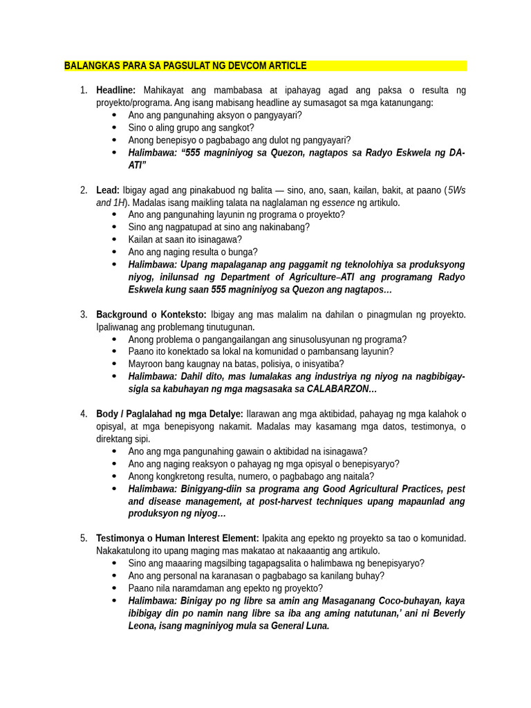 Balangkas para Sa Pagsulat NG Devcom Article | PDF