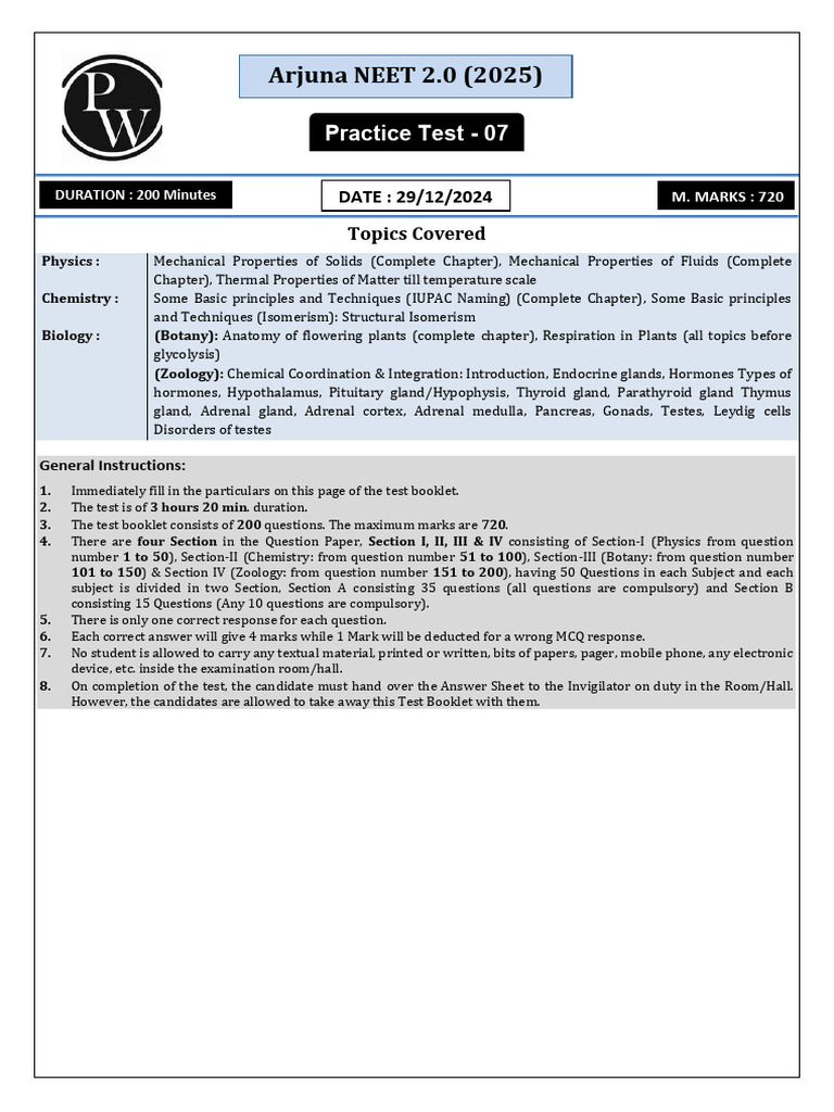 Practice Test 07 - Hints & Solutions (1) | PDF | Organ (Anatomy ...