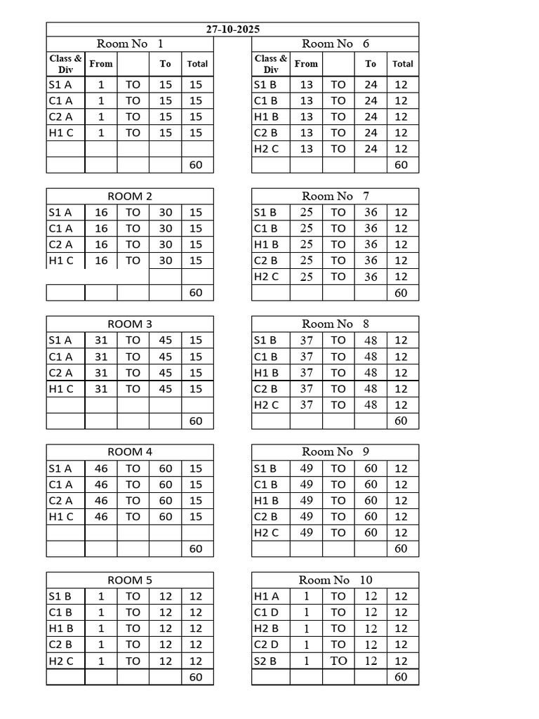 Room No 1 Room No 6: Class & Div From To Class & Div From To | PDF
