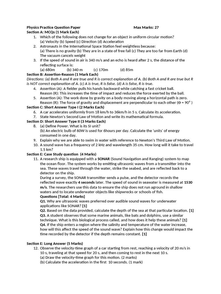 Physics Practice Question Paper | PDF | Sonar | Acceleration