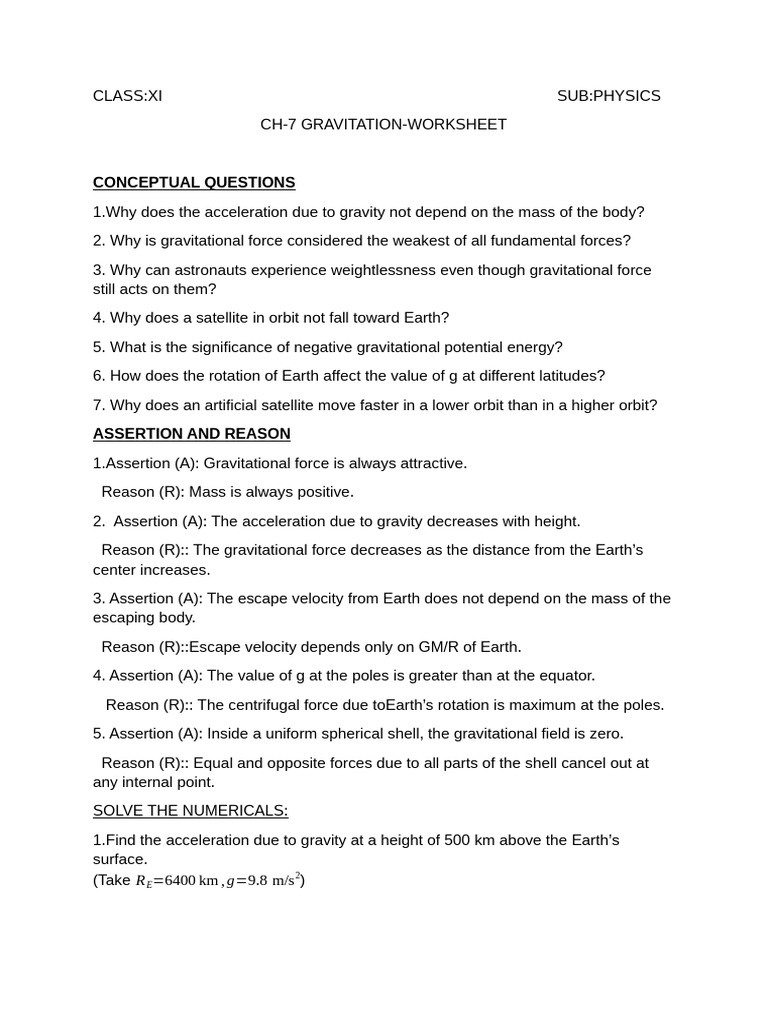 Class 11 Gravitation Physics Worksheet (1) | PDF