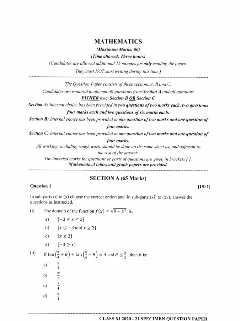 Isc Math 2021 Specimen | PDF