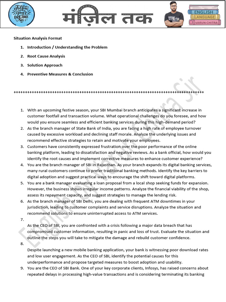 Situation Analysis Format Samples SBI PO MAINS Descriptive | PDF ...