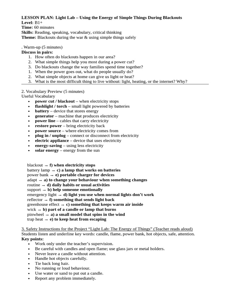 Lesson Plan Blackout | PDF | Flashlight | Candle
